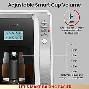 HAUSWIRT Coffee Maker with Grinder, Grind and Brew Coffee Maker with LCD Display, Automatic Drip Coffee Machine with Grind Size and 2 to 6-Cup Settings, Compatible for Bean Ground Coffee and Tea