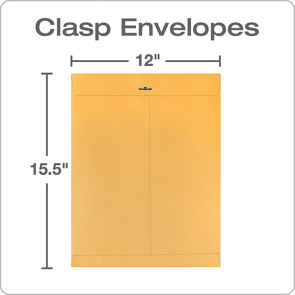 Quality Park 12 x 15-1/2 Clasp Envelopes, Clasp and Gummed Closures, for Oversized Papers, Drawings or Posters, 28 lb Kraft Paper, 100/Box (QUA37810)