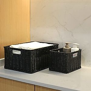 HOONEX Large Wicker Baskets for Storage, Woven Plastic Baskets for Organizing with Dual Handles, Baskets for Storage, Set of 3, Black