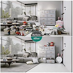 YITAHOME 9-Drawer Fabric Dresser, Furniture Storage Tower Cabinet, Organizer for Bedroom, Living Room, Hallway, Closet & Nursery, Sturdy Steel Frame, Wooden Top, Easy-to-Pull Fabric Bins(Light Grey)