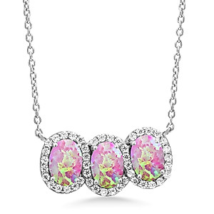Gem Stone King 2.34 Ct Oval Cabochon Pink Simulated Opal 925 Sterling Silver 18 Inches 3-Stone Necklace
