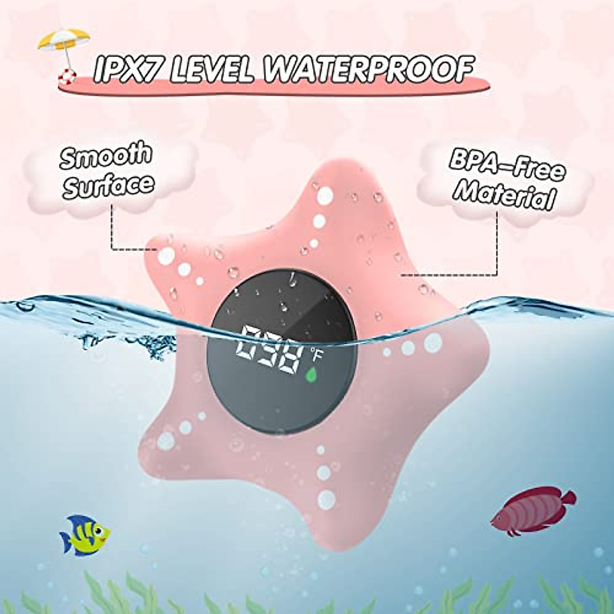 LEDFAAH Baby Bath Thermometer Safety, Auto On & Off Bathtub Thermometer Floating Toy, Digital Bathing Water Temperature Warning Thermometer, Pink Sea Star Shape