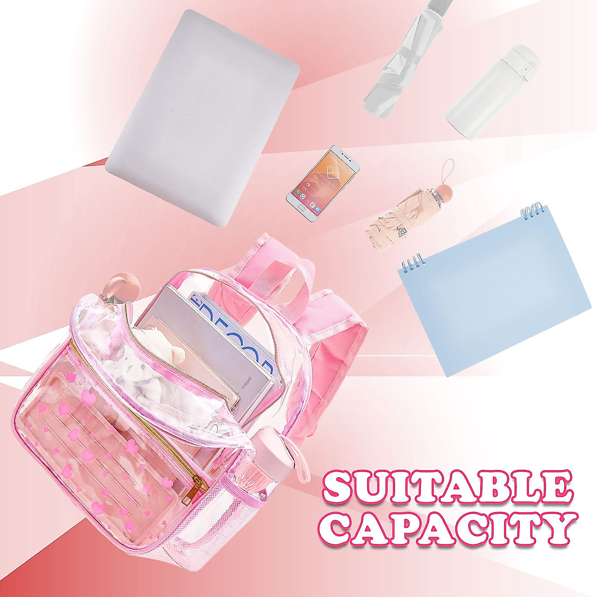 2 Pcs Pink Clear Backpack Stadium Approved Backpack Set 12 x 12 x 6 Inch Transparent Mini Backpacks See Through Backpacks for Stadium, Concert, Sports, School