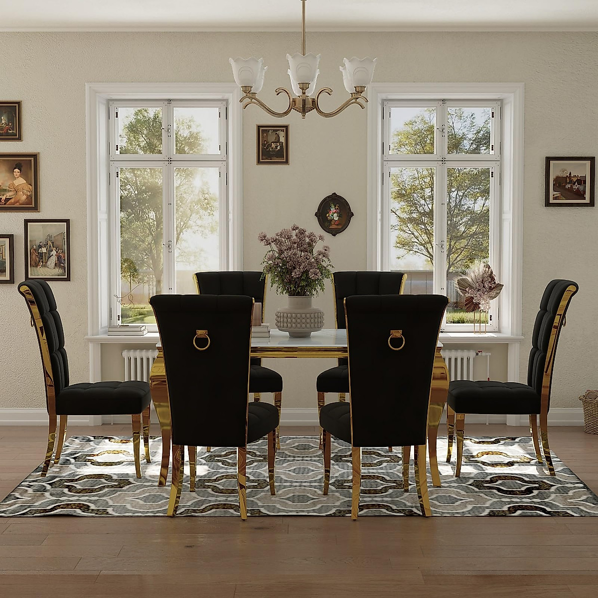 Asday Black Velvet Dining Chairs, Metal Back Ring Pull Trim and Golden Legs, Black and Gold Dining Chair for Dining Room, Apartment, Kitchen (Black, Set of 12)