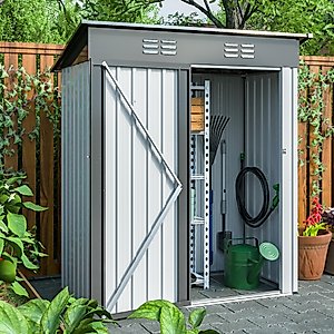 KTVTK 5x3 FT Outdoor Storage Shed with Pent Roof and Two Punched Vents,Galvanized Metal Garden Sheds w/Lockable Doors,Hinged Door & Padlock,for Patio Lawn Backyard Trash Cans Tool,White+Grey