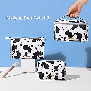 MIRASON Makeup Bag Travel Toiletry Bag for Women, Cute Make Up Bag Set of 3 for Purse Pouch Zipper Makeup Organizer Bag PU Leather Washable Waterproof Cosmetic Bag (Cow Print)