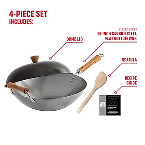 JOYCE CHEN Classic Series 14-Inch Uncoated Carbon Steel Wok Set with Lid and Birch Handles, 4 Pieces