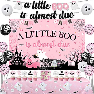 Balterever Halloween Baby Shower Decorations for Girls Pink Black a Little Boo is Almost Due Baby Shower Banner Backdrop Cake Cupcake Toppers Halloween Tablecloth for Halloween Baby Shower Gender