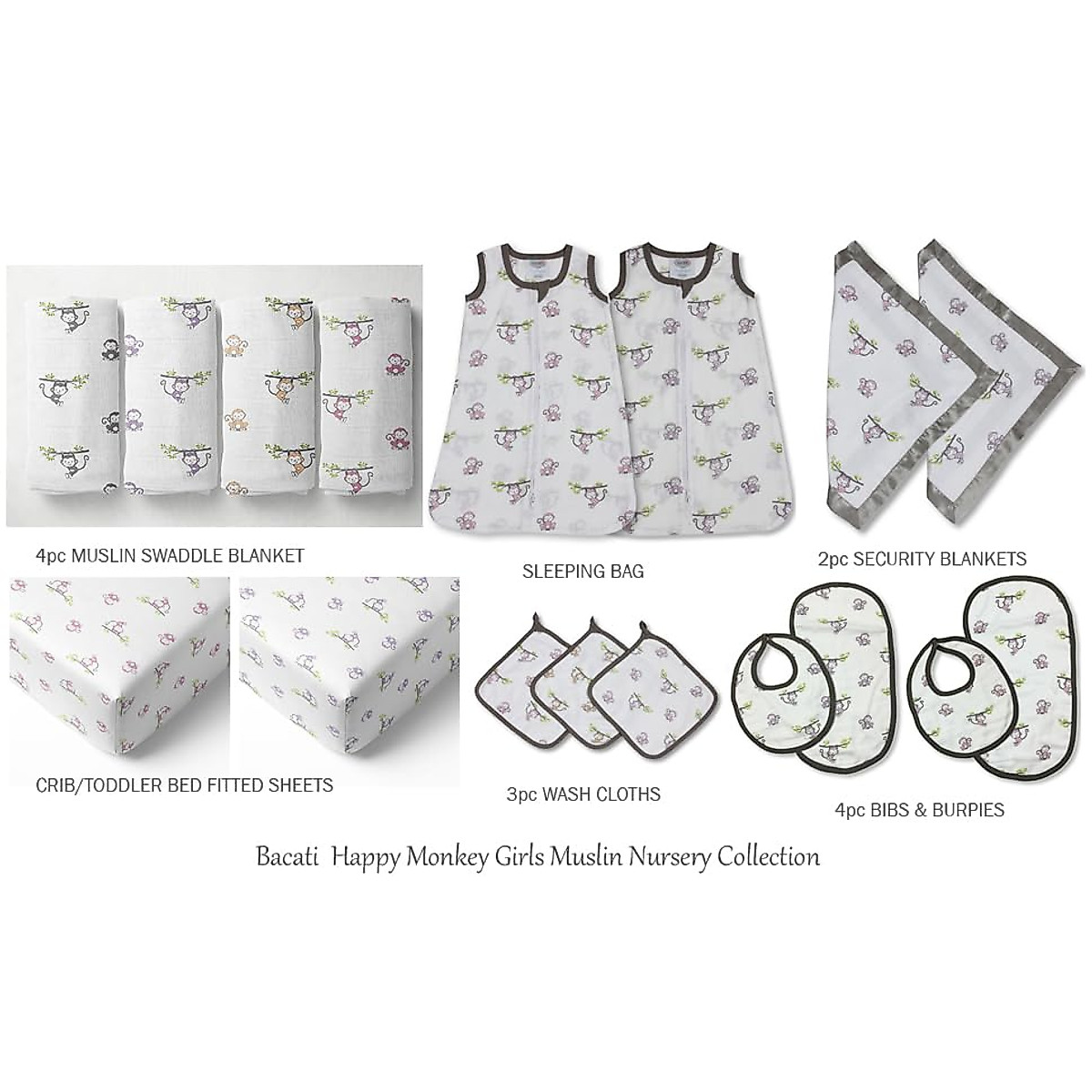 Bacati - Happy Monkeys 2 Pack Essentials Classic Super Soft Breathable 100% Cotton Muslin Baby Crib Fitted Sheets - Fits Standard 28 x 52 x 5 Crib & Toddler Mattresses (Lilac/Grey Girls)