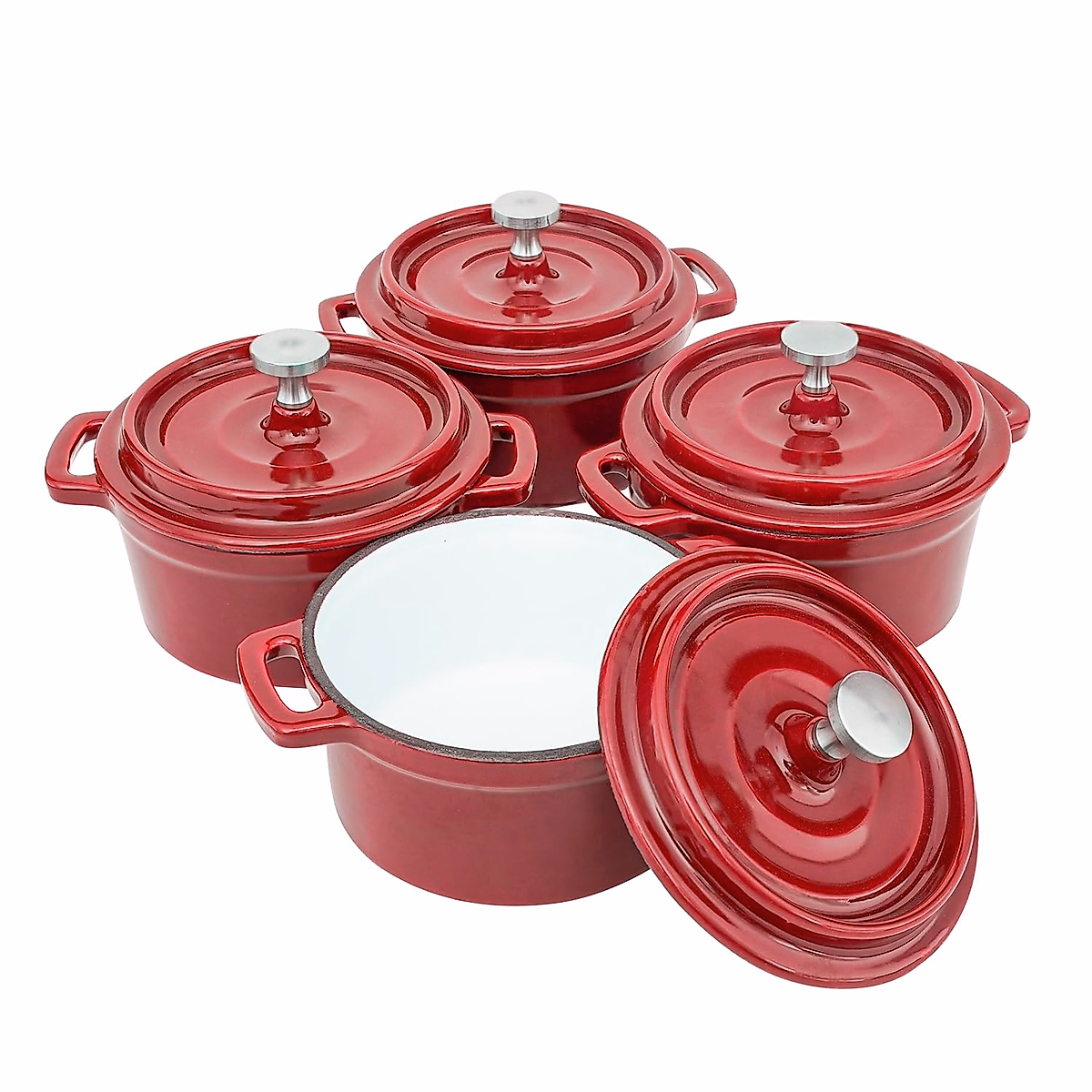 Flavehc Mini Cocotte 8 oz Mini Dutch Oven 0.25 qt. Cast Iron Garlic Roaster for Oven Garlic Confit Pot Ramekins with Lids Oven Safe Set of 4, Red