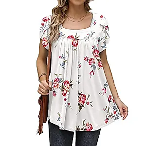 DUSDIMON Women's 2023 Summer Tunic Tops Petal Short Sleeve Square Neck Loose Flowy Pleated Shirts(Flower White, XL)