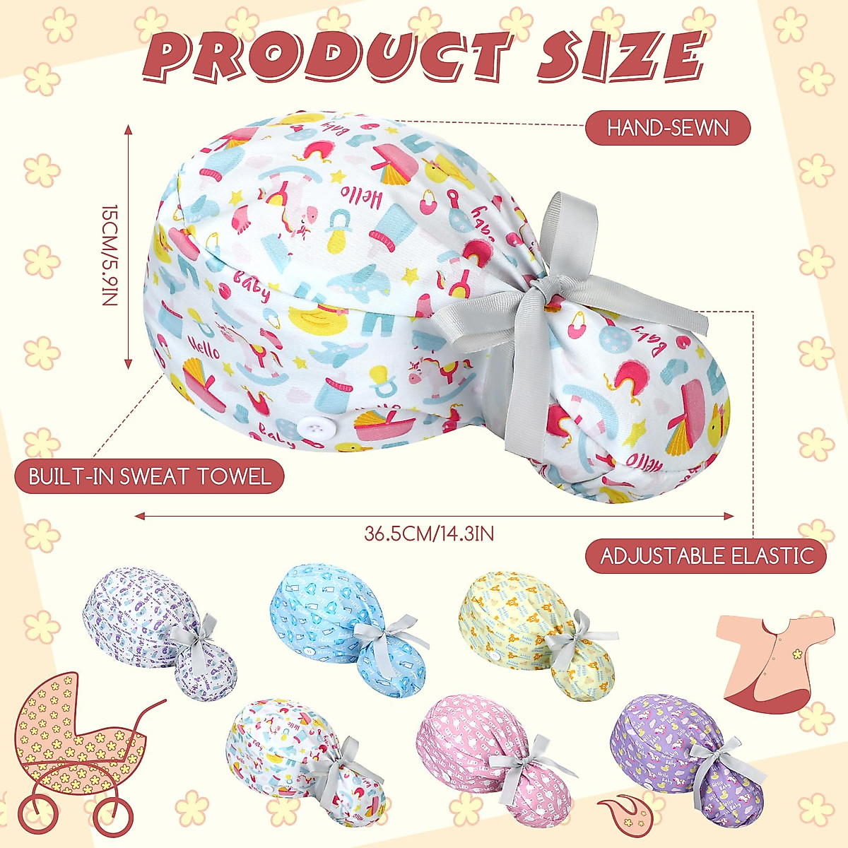 Floraltop 6 Pcs Scrub Caps Women L&D Nurse Caps with Buttons Elastic Bouffant Adjustable Bouffant Nurse Hats NICU Nurse Caps Ponytail Holder Turban Patterns for Woman Healthcare Nurse Student