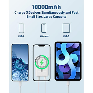 Yiisonger Wireless Power Bank, Slim 10000mAh Magnetic Portable Charger 22.5W PD Fast Charging, Mini Mag-Safe Battery Pack QC3.0 LED Display USB-C Compatible with iPhone 15&14&13&12 Series(White)