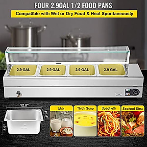 Commercial Food Warmer Bain Marie, 44 Qt Electric Countertop Buffet Warmer with Tempered Glass Shield and Lids, 4 x 1/2 Pans Stainless Steel Steam Table, 1500W