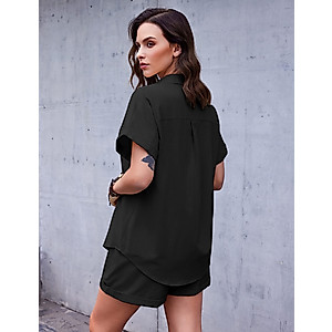 Zeagoo Women's 2 Piece Solid Color Tracksuits Outfits Summer Short Sleeve Set,Black,X_Large