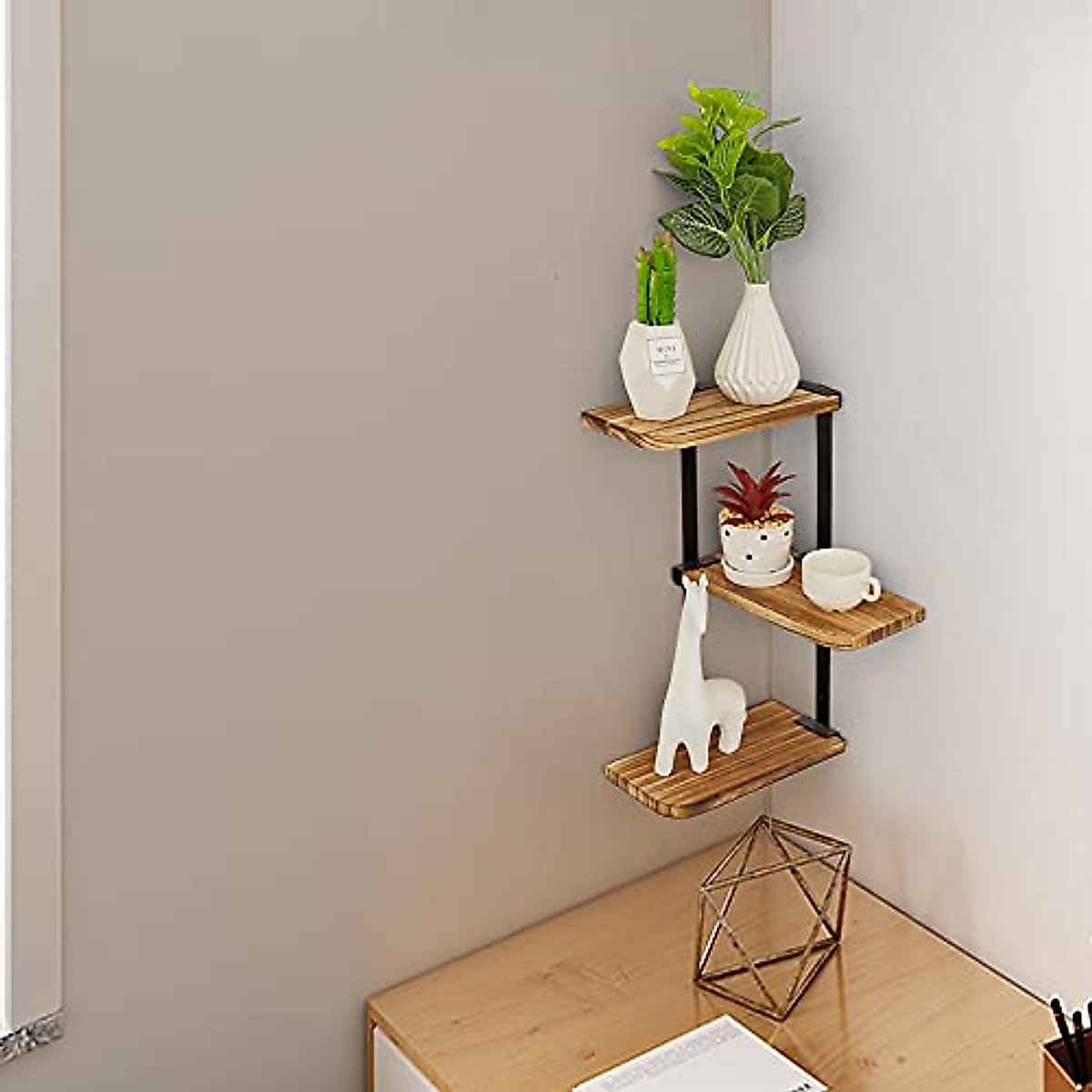 Coral Flower Wall Mount of 3 Tier Rustic Wood Floating Shelves for Bedroom Living Room Bathroom Kitchen Office