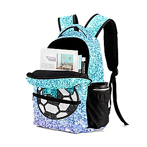 NZOOHY Blue Glitter Soccer Bow Personalized Kids School Backpack Custom for Boys Girls Primary Daypack School Bookbag Travel Bag