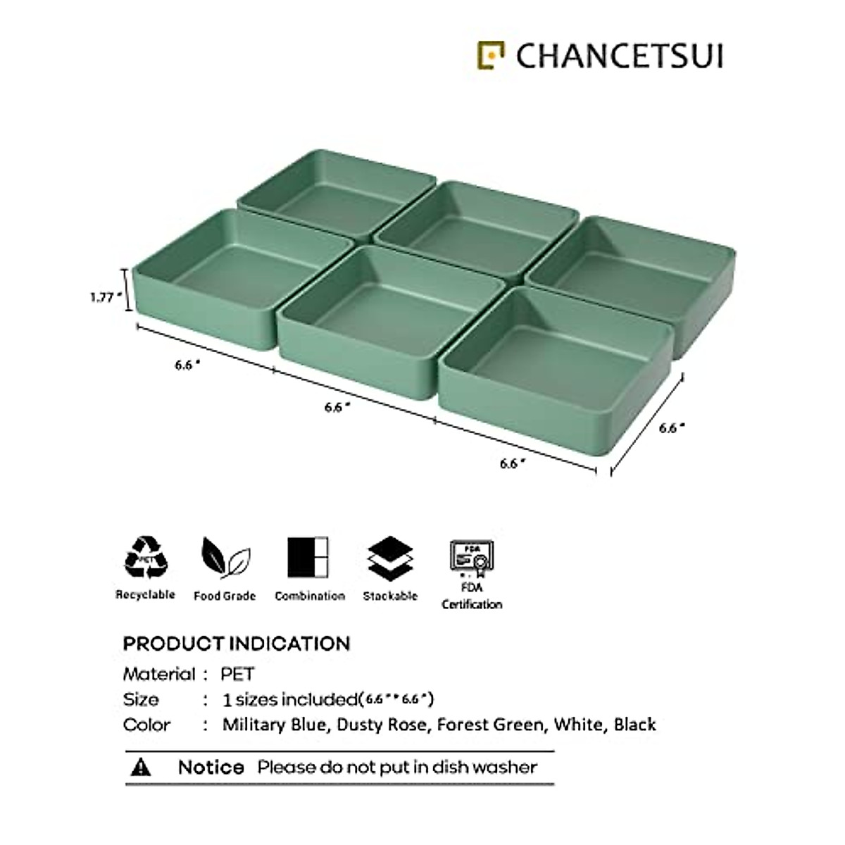 6 Pcs Stackable Drawer Organizer Set, 6.6" X 6.6" Square Plastic Vanity Drawer Organizers and Storage Bins,Desk Drawer Organizer Trays for Makeup,Bathroom Countertop,Office Drawer Divider,Forest Green