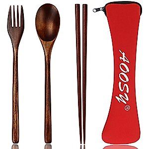 Wooden Spoon and Fork Set, Flatware Set, AOOSY Nanmu Wood Fork Spoon Chopsticks Travel Flatware Set Tableware with Bag, Brown Color