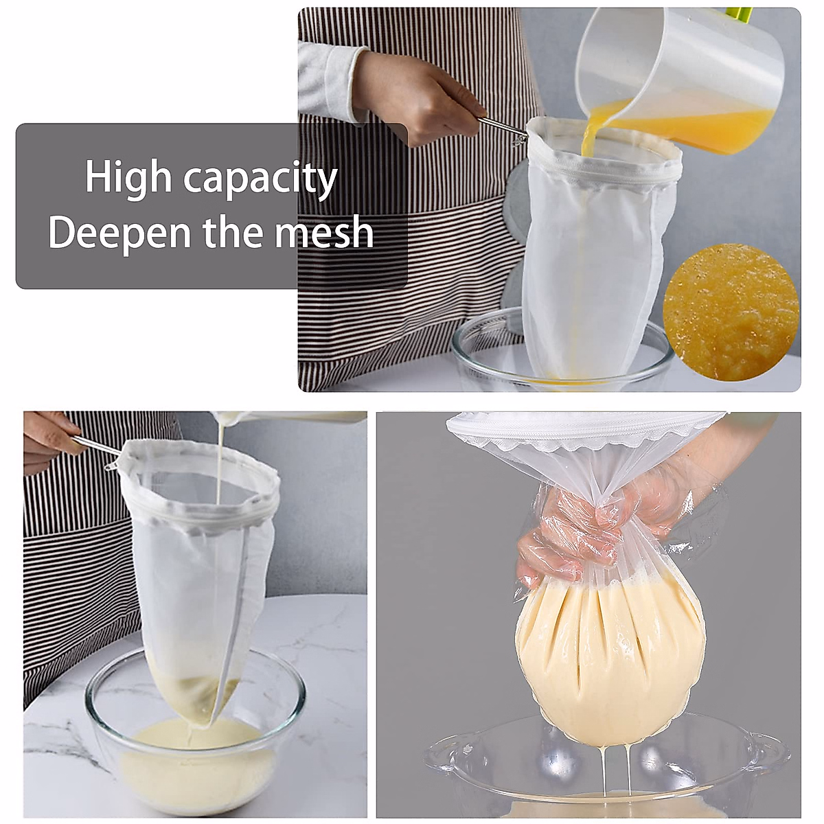 WMKGG Ultra Fine Reusable Filter Bags with Stainless Steel Handle for Nut Milk, Coffee, Milk, Butter, Juices and Fresh Cheese