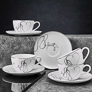 Mikasa Love Story Platinum Banded Teacup and Saucer Set, Set of 4, 9.6-Ounce, White