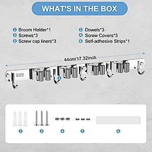 Dmikcav Mop and Broom Holder Wall Mounted, 4 Racks and 5 Hooks Broom, Upgraded Stainless Steel Broom Holder Self Adhesive, Broom Organizer, Tools Organizer for Home Kitchen bathroom Garden balcony