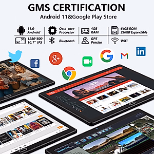 Tablet 10.1 inch Android 11 Tablets, 2 in 1 Tablet with Keyboard, 4GB RAM 64GB ROM 256GB Expandable, 4G Cellular, Octa-Core Processor, 13 MP Camera, Google Certified 2.4G WiFi Tablet Black