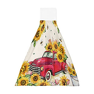 Vintage Truck 1pcs Hanging Kitchen Towel Hand Absorbent Towels Soft Durable Dish Towel for Bathroom Laundry Room Washcloth Tie Towel Quick Dry 18"x14", American Farmhouse Retro Car with Sunflower