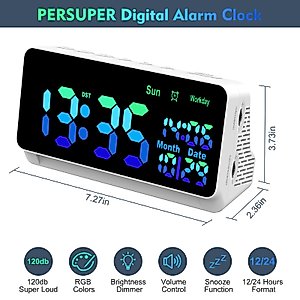 [120db Super Loud] Alarm Clocks for Bedrooms, 15 Wake Up Sounds, 7 Color Night Light, Dynamic RGB Color Changing, 0-100% Dimmer, Snooze, Large LED Display, Digital Clock for Heavy Sleepers Adults
