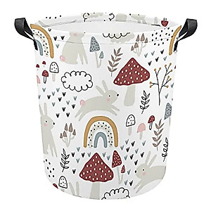 HoaMoya Collapsible Cute Cartoon Bunny Laundry Basket Spring Flowers Rainbow Mushroom Freestanding Laundry Hamper With Handles Large Waterproof Cloth Toy Storage Bin for Household Bedroom Bathroom