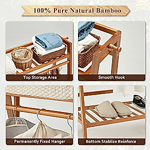 Azaeahom Bamboo Clothing Rack, Garment Coat Clothes Hanging Movable Duty Rack, 5-in-1 Shoe Hat Storage Organizer Shelves for Bedroom, Entrance, Home