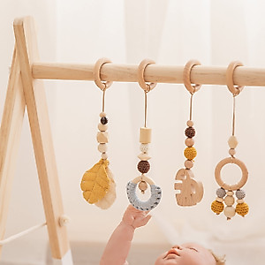 let's make Organic Wooden Play Gym with 4 Hanging Toys Foldable Baby Play Gym Frame Activity Center Hanging Bar Baby Tummy Time Play Gym Ideal Gift for Newborn Baby Boys Girls/Yellow