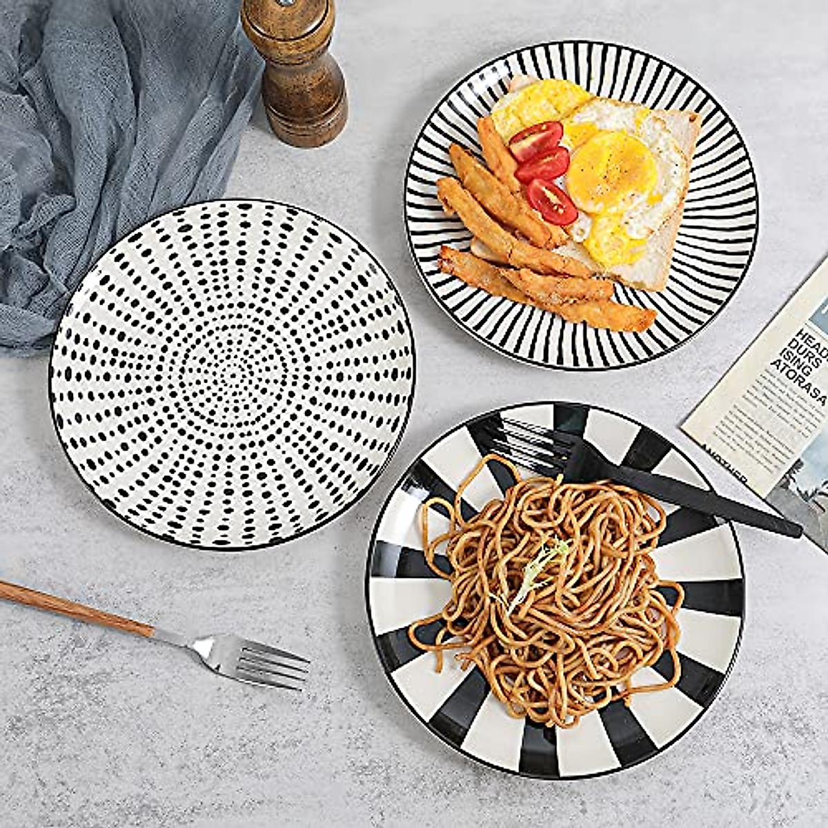 AHX Black Plate Set 8 Inch - Salad Plates | Dessert Appetizer Plates - Porcelain Lunch Plates - Set of 6 - Dishwasher and Microwave Safe