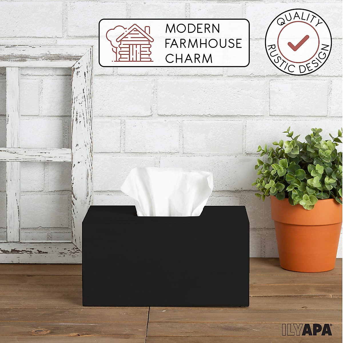 Ilyapa Wood Tissue Box Cover Rectangular - Rustic Farmhouse Black Wooden Tissue Holder