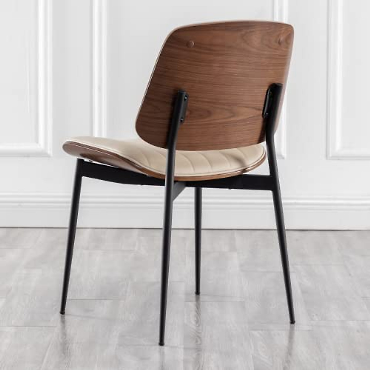 LUNLING Dining Chairs Set of 2 Mid Century Modern Retro Faux Leather Chair with Walnut Bentwood Upholstered Seat Metal Legs Adjustable Foot for Kitchen Dining Room Chairs(Beige)