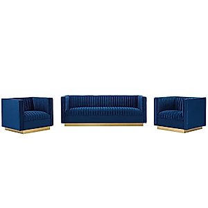 Modway Sanguine 3 Piece Vertical Channel Tufted Upholstered Performance Velvet Set, Navy