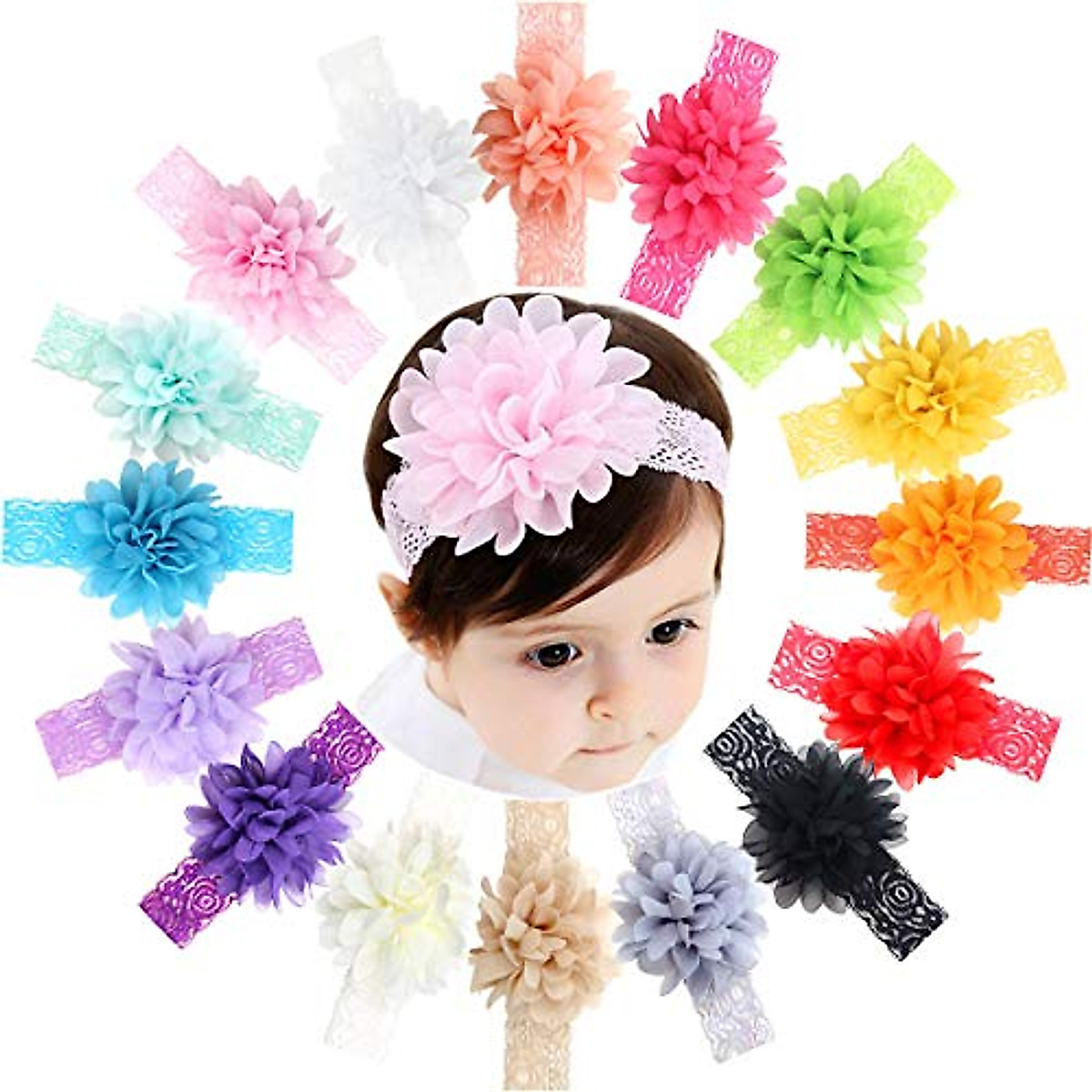 JOYOYO 16 Colors Baby Girls Headbands Chiffon Flowers Breath Mesh Soft Lace Headbands for Infant Newborn and Toddlers