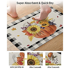 Bathroom Floor Shower Mat, Non-Slip Small Rugs - Easy to Clean, Thanksgiving Pumpkin Sunflower Maple Leaf Durable Bath Rug 16"x24" Washable Quick Dry Diatomaceous Earth Mats for Bathtubs
