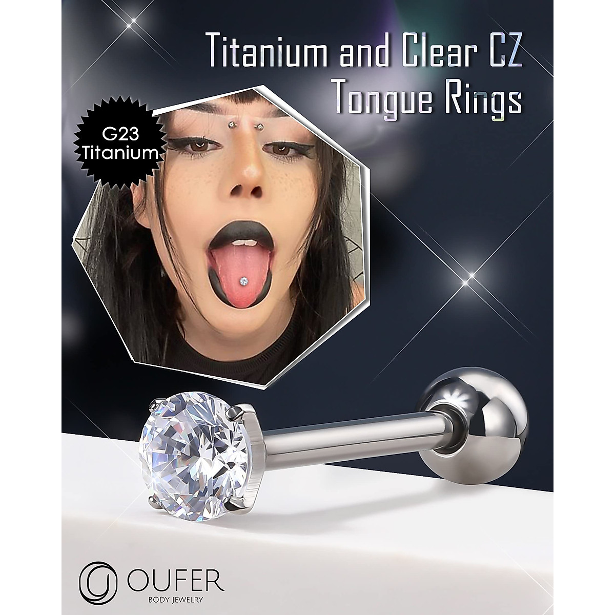 OUFER 14G Tongue Rings, Shiny Clear CZ Tongue Barbells, G23 Solid Titanium Tongue Piercing Jewelry, Nickel-free Tongue Ring for Women Men