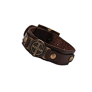 Intercession St Benedict Genuine Leather Protection Bracelet - Made in Brazil (Large - Brown)