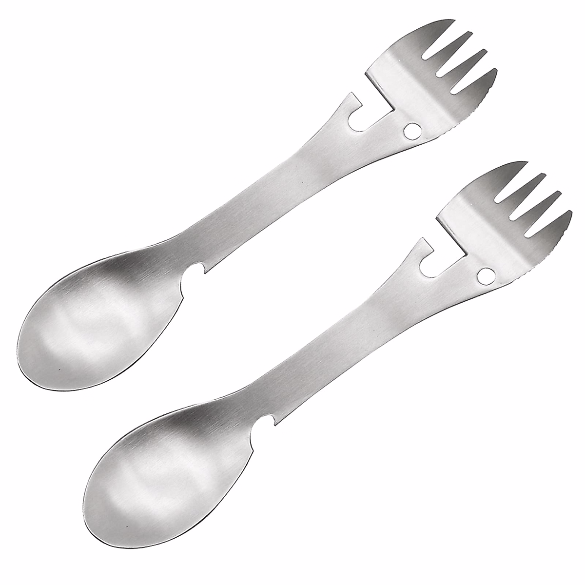 Pinenjoy 2Pcs Camping Multi-Function Spork 5 in 1 Spoon Fork Knife Can Bottle Opener Combo 18/10(304) Stainless Steel Portable Utensils for Outdoor Picnic Hiking Fishing Boating BBQ Travel