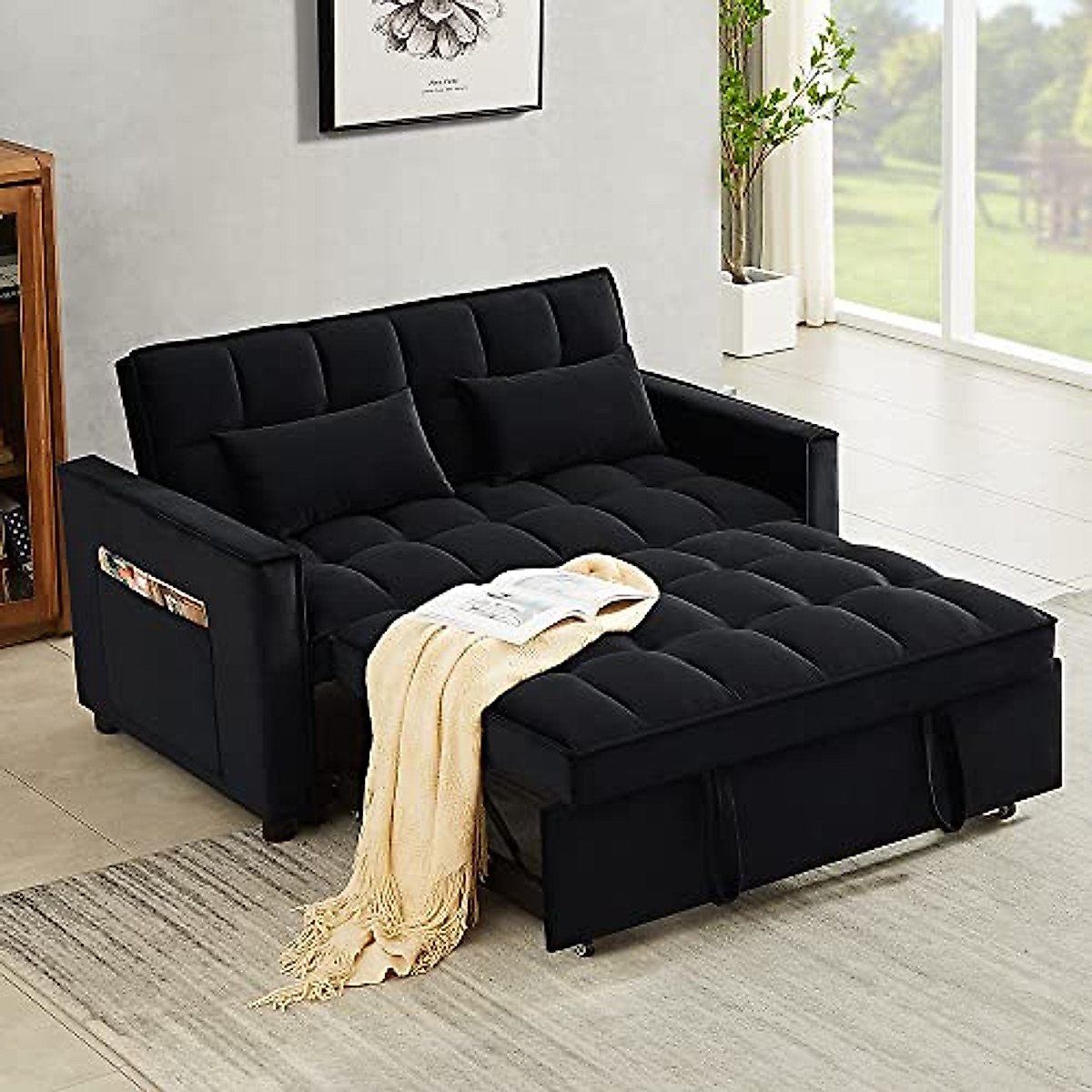 HABITRIO Modern 55.2" Small Pull Out Sleep Sofa Bed 2 Seater Loveseats Sofa Couch with Adjsutable Backrest and Lumbar Pillows for Apartment Office Living Room