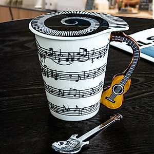 Guitar Novelty Mug Unique Musical Gift Coffee Cup with Cool Music Themed Lid & Guitar Handle Design & Guitar Spoon, Great Gifts for Music Teacher, & Guitar Lovers for Holidays, Fathers Day, Men, Women