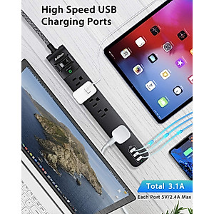 2 Pack Power Strip Surge Protector - 5 Widely Spaced Outlets 3 USB Charging Ports, 1875W/15A with 6Ft Braided Extension Cord, Flat Plug, Overload Surge Protection, Wall Mount for Home Office