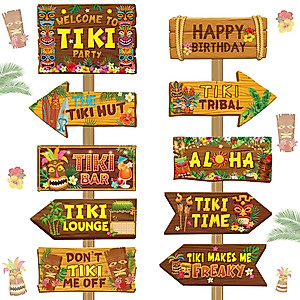 Colarr 20 Pieces Tiki Totem Birthday Party Decorations Hawaiian Luau Party Directional Sign for Aloha Hawaii Luau Tropical Party Supplies, 10 Styles