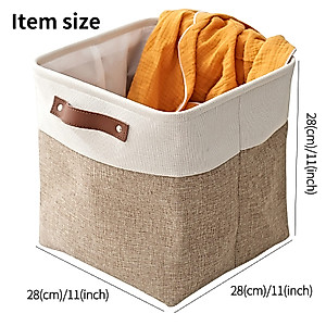 Jossens 11 Inch Fabric Baskets with Leather Handles,Foldable Cubes Storage Bins Set of 4 for Cube Organizer Home Toy Nursery Closet Bedroom (blue)