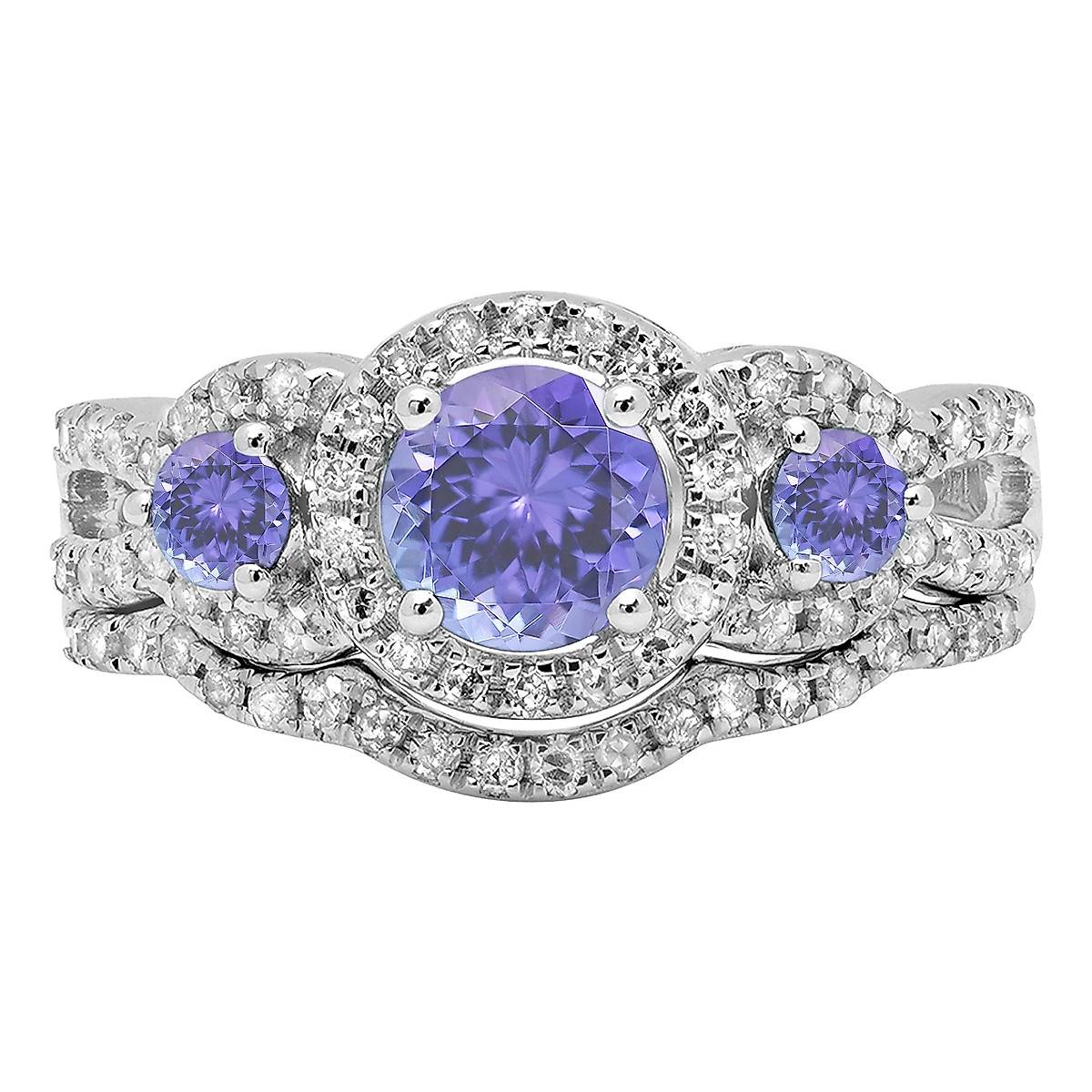 Dazzlingrock Collection Round Tanzanite & White Diamond Ladies 3 Stone Halo Wedding Ring Set 14K White Gold, Size 6