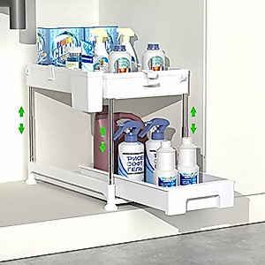 MrSmartSpace Under Sink Organizers and Storage, Adjustable Height 2 Tier Sliding Bathroom Basket, Under Cabinet Storage Shelf, Kitchen Storage Rack with Hooks, Hanging Cup, Dividers, White
