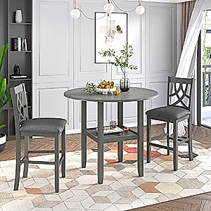 Harper & Bright Designs 3 Piece Counter Height Kitchen Dining Set with Round Drop Leaf Dining Table, Shelf and 2 Cross Back Padded Chairs, Farmhouse Dining Room Set for Small Places, Gray