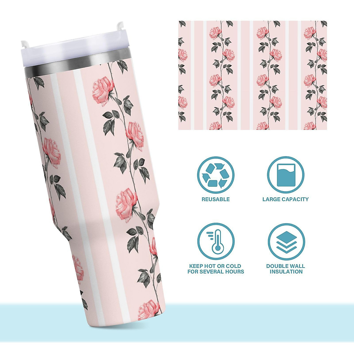 Adornlife Pink Striped Rose 30 oz Tumbler with Handle and Straw Lid, 100% Leak-proof Travel Coffee Mug, Stainless Steel Insulated Cup For Beverages, Cupholder Friendly